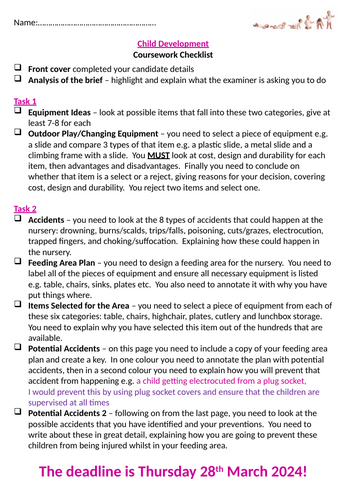 Cambridge National Child Development RO58 Helpsheet Ticklist | Teaching ...