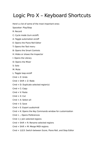 Logic Pro X Keyboard Shortcuts | Teaching Resources