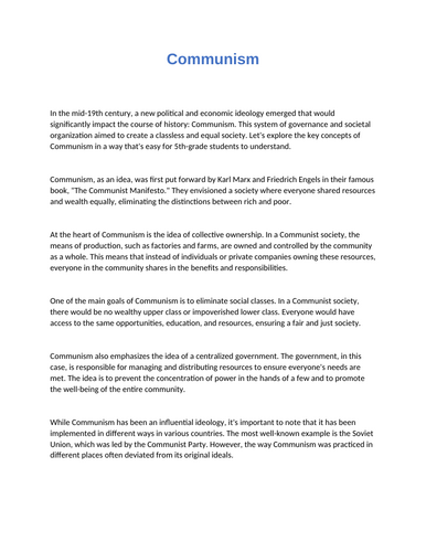 Communism : Reading Comprehension Questions With Answers - Quiz / Test ...