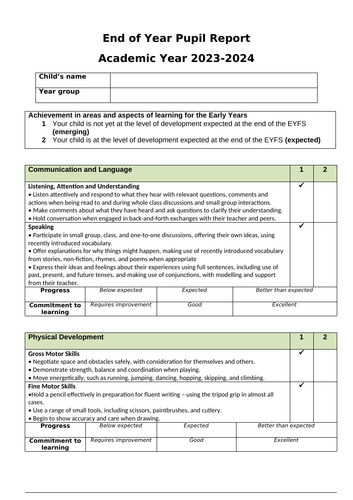 Reception End of the Year Report to parents | Teaching Resources