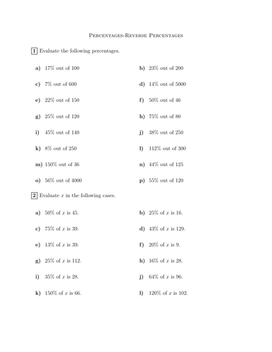 Percentages-Reverse Percentages Worksheet (with solutions) | Teaching ...