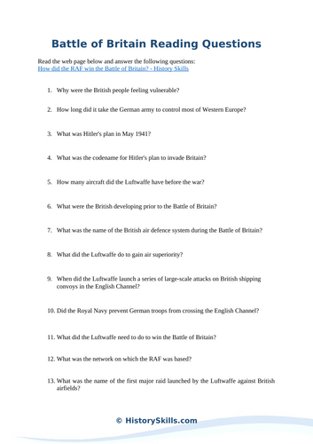 Battle of Britain Reading Questions Worksheet | Teaching Resources