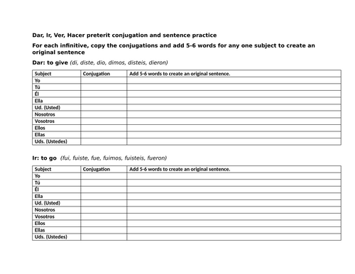 Dar, Ir, Ver, Hacer preterit conjugation and sentence practice ...
