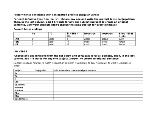 Preterit tense sentences with conjugation practice (Regular verbs ...