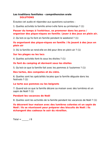 Les traditions familiales au Québéc compréhension orale / Family ...