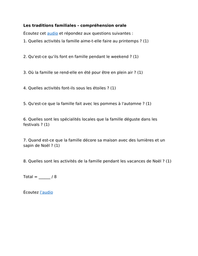 Les traditions familiales au Québéc compréhension orale / Family ...