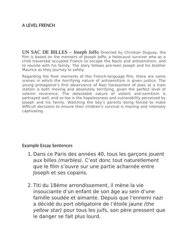 Revision Notes "Un Sac de Billes" A LEVEL FRENCH including exam ...