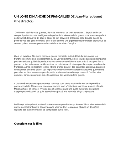 Jean-Pierre Jeunet : Un long dimanche de fiançailles : revision notes ...