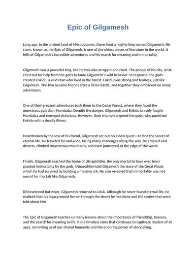 Ancient Mesopotamia Epic of Gilgamesh : Reading Comprehension Questions ...