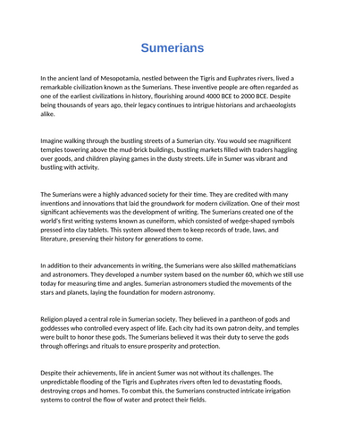 Ancient Mesopotamia Sumerians : Reading Comprehension Questions With ...