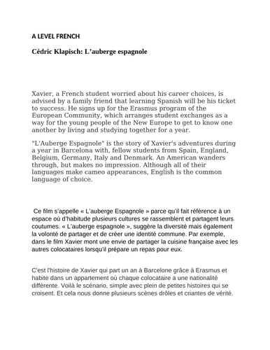 Cédric Klapisch: L’auberge espagnole: A LEVEL FRENCH essay questions ...