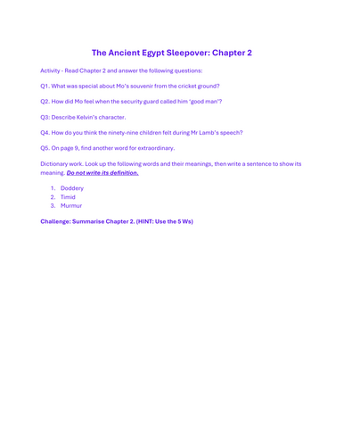 The Ancient Egypt Sleepover - Chapter 2 Comprehension Task - Year 3 ...