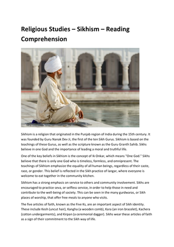 Religious Studies – Sikhism – Reading Comprehension | Teaching Resources