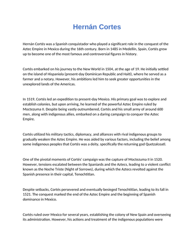 Hernán Cortes : Reading Comprehension Questions With Answers - Quiz ...