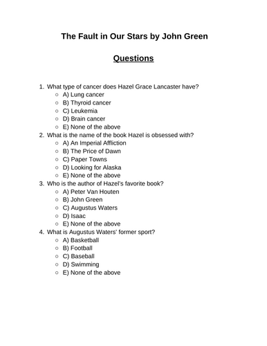The Fault in Our Stars. Reading Comprehension Questions, Multiple ...