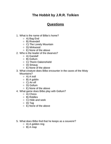 The Hobbit. Reading Comprehension Questions, Multiple-choice questions ...
