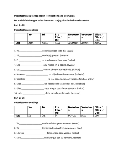 Imperfect tense practice packet (conjugations and clue words ...