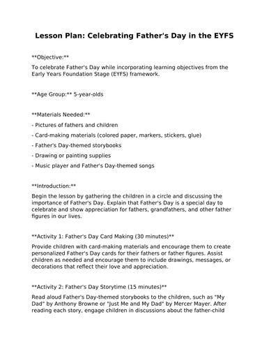 Father's Day Lesson Plan - Reception EYFS | Teaching Resources