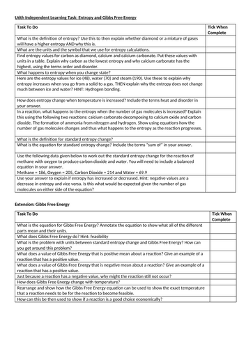 A2 Chemistry Entropy and Gibbs Free Energy Independent Work Task ...