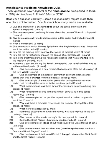 Renaissance Medicine Knowledge Quiz - questions and answers! | Teaching ...