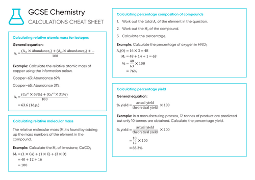 WJEC GCSE Chemistry — Calculations cheat-sheet | Teaching Resources