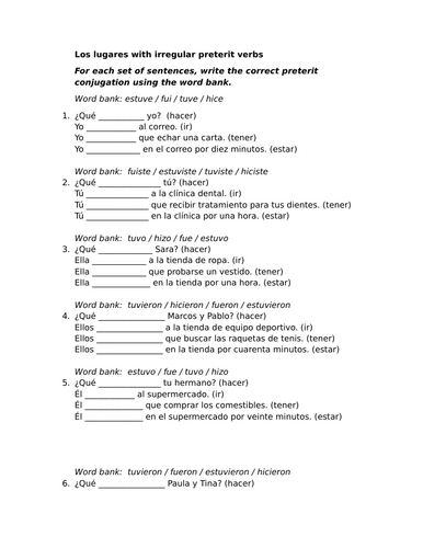 Los lugares with irregular preterit verbs | Teaching Resources
