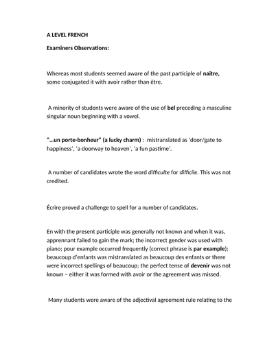 A LEVEL FRENCH revision: learn from Examiners Observations: avoid these ...
