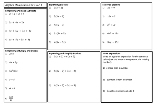 Gcse Foundation Maths Revision Sheet Algebra Manipulation Teaching