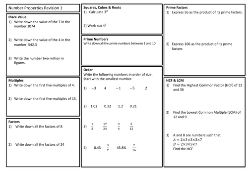 GCSE Foundation Maths Revision Sheet - Number properties | Teaching ...