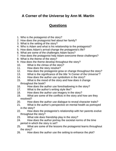 A Corner of the Universe. Reading Comprehension Questions, Multiple ...