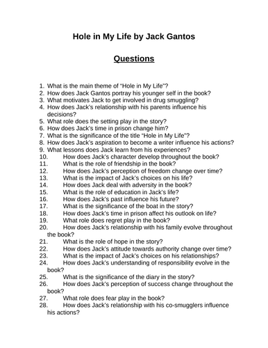 Hole in My Life. 40 Reading Comprehension Questions (Editable ...