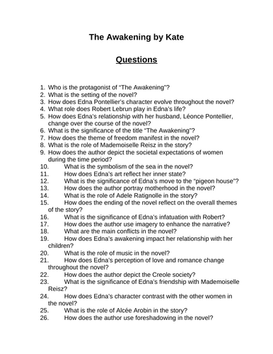 The Awakening. Reading Comprehension Questions, Multiple-choice ...