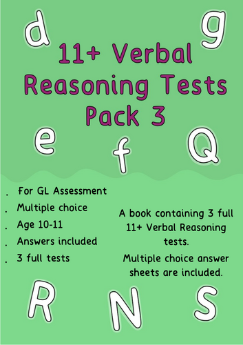 11+ Verbal Reasoning Tests Pack 3 (3 full tests) | Teaching Resources