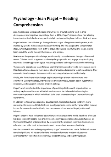 Psychology - Jean Piaget – Reading Comprehension | Teaching Resources