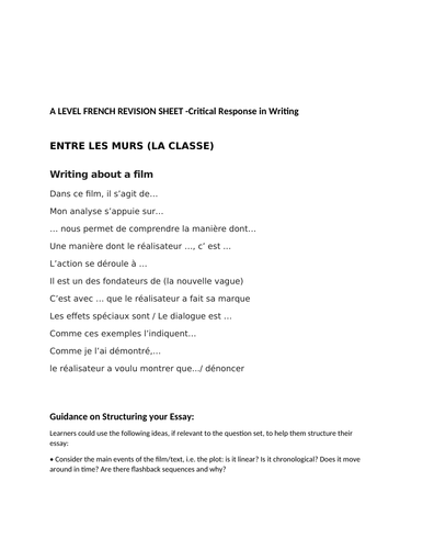 A LEVEL FRENCH revision notes" Entre Les Murs" | Teaching Resources