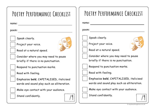 KS2 Poetry Performance Checklist or Scorecard | Teaching Resources