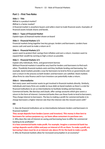 A Level Economics - Role of Financial Markets | Teaching Resources
