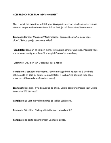 GCSE FRENCH SPEAKING EXAM: Role Play examples with suggested sentences ...