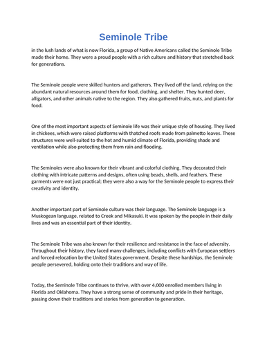 Seminole Tribe : Reading Comprehension Questions With Answers - Quiz ...