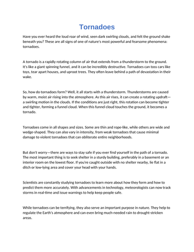 Tornadoes : Reading Comprehension Questions With Answers - Quiz / Test ...