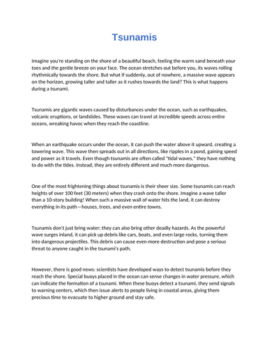 Tsunamis : Reading Comprehension Questions With Answers - Quiz / Test ...