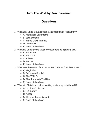 Into The Wild. Reading Comprehension Questions, Multiple-choice ...