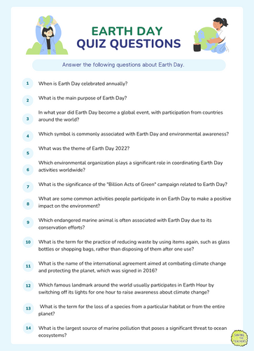 Earth Day Quiz Questions Worksheet | Teaching Resources