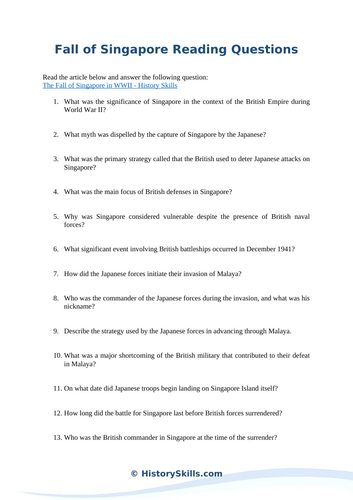 Fall of Singapore in WWII Reading Questions Worksheet | Teaching Resources