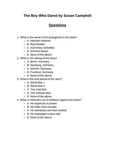 The Boy Who Dared. Reading Comprehension Questions, Multiple-choice ...