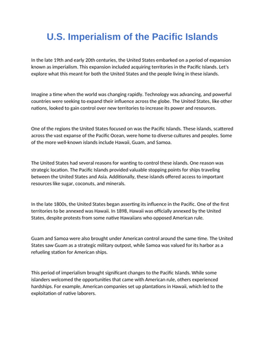 U.S. Imperialism of the Pacific Islands : Reading Comprehension ...