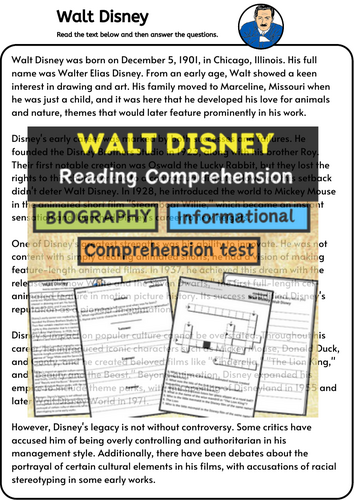 Walt Disney biography , reading comprehension , information text ...