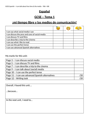GCSE Spanish - Social Media/TV/Cinema booklet | Teaching Resources