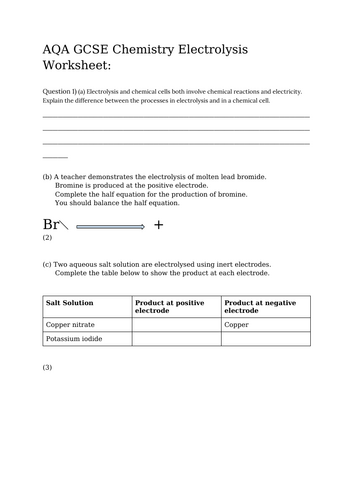 AQA GCSE Electrolysis worksheet | Teaching Resources AQA GCSE Electrolysis worksheet | Teaching Resources