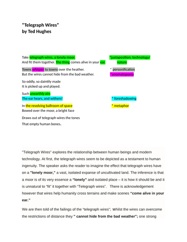 GCSE English Literature Poetry Anthology Ted Hughes "Telegraph Wires ...